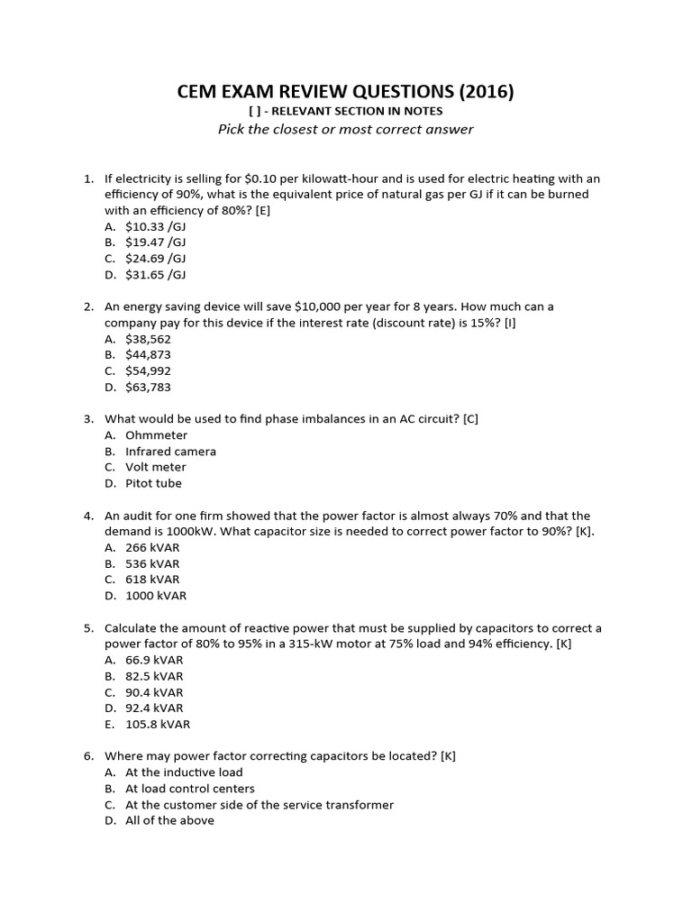 CEM Exam Review Questions 2016 | PDF | Boiler | Heat Transfer