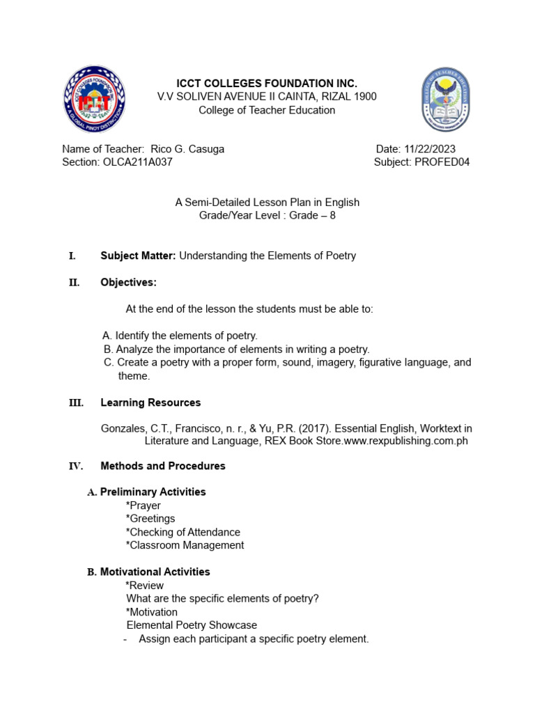 Final Format of Semi Detailed Lesson Plan | PDF | Poetry | Lesson Plan