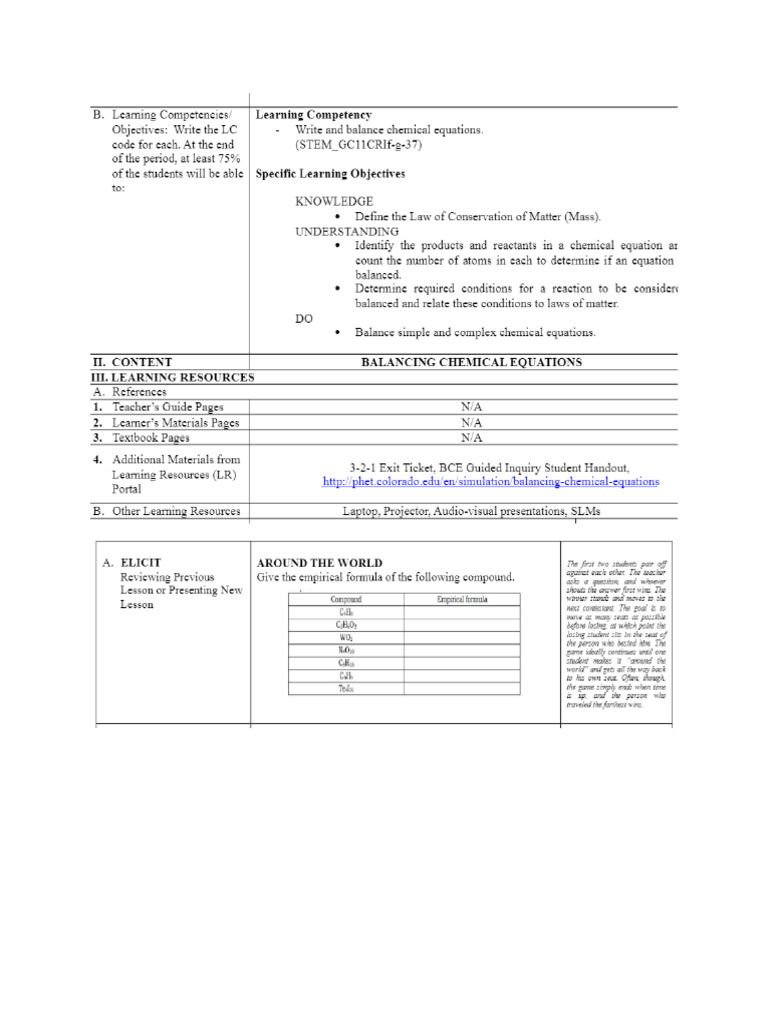 Balancing Equations Lesson Plan COT | PDF