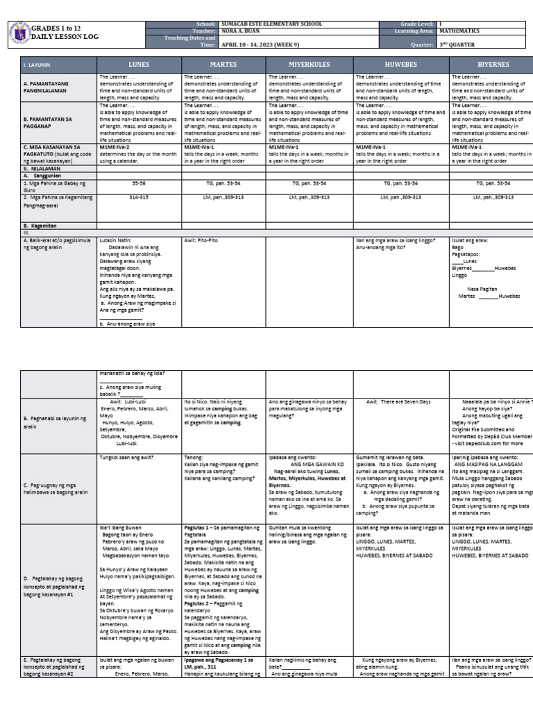 DLL - Mathematics 1 - Q3 - W9 | PDF | Learning | Behavior Modification