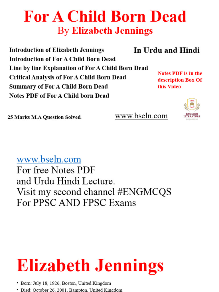 By Elizabeth Jennings: For A Child Born Dead | PDF | Poetry | Writing