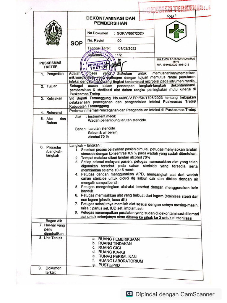 Sop Dekontaminasi Dan Pembersihan | PDF