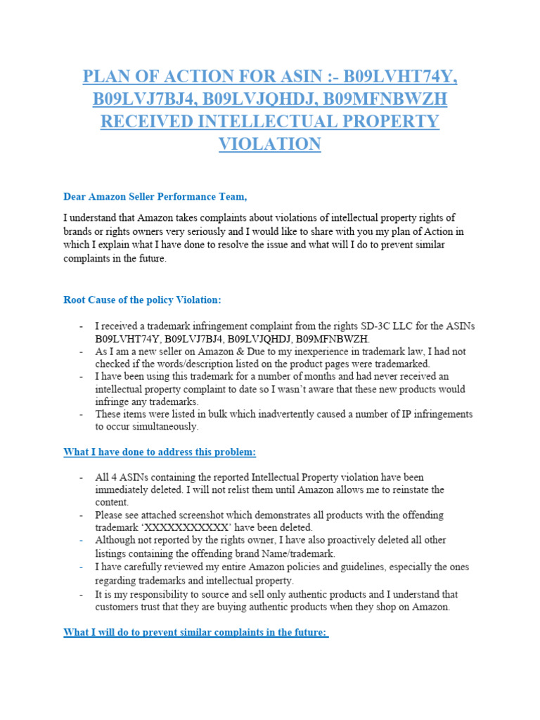 PLAN OF ACTION FOR RECEIVED Listing Violation | PDF | Trademark | Intellectual Property