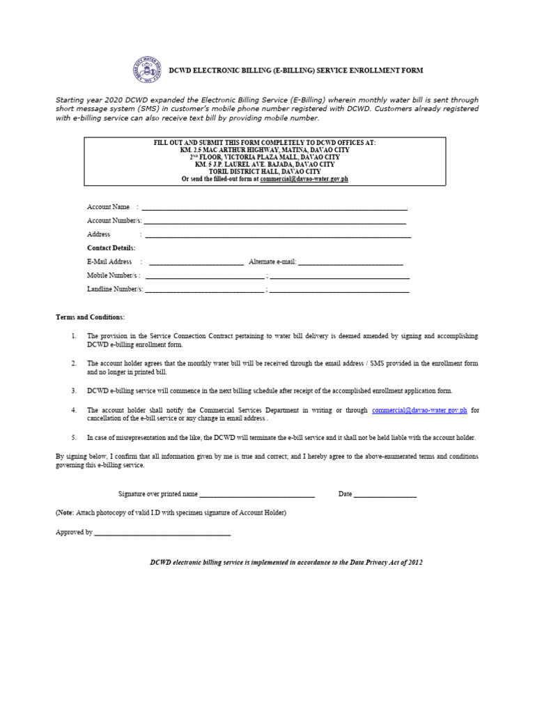 DCWD E-Billing Service Form 2020 Edition | PDF | Service Industries ...