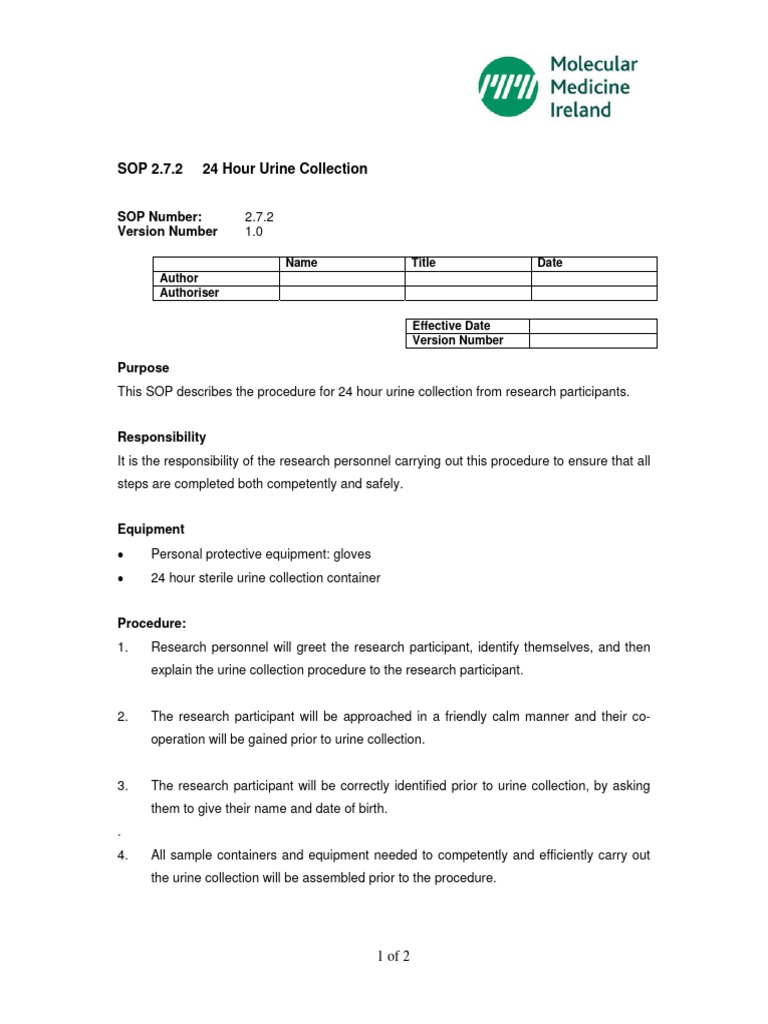 SOP 2.07.02 24 Hour Urine Collection | Download Free PDF | Genetics | Life Sciences