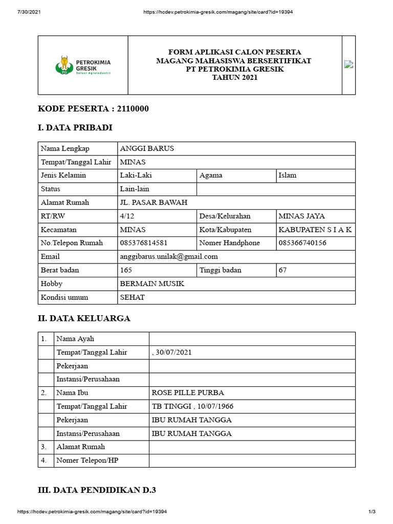 Formulir Magang Mahasiswa 2021 | PDF