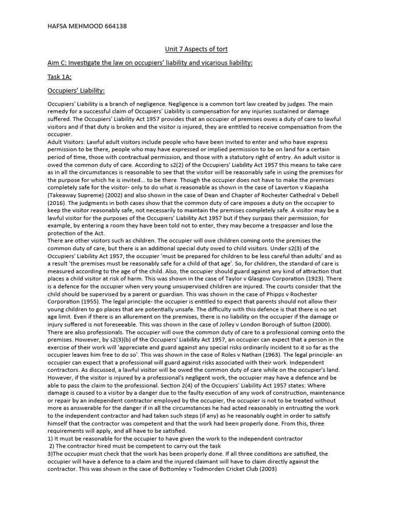 Occupiers' Liability and Case Analysis | PDF | Tort | Legal Liability