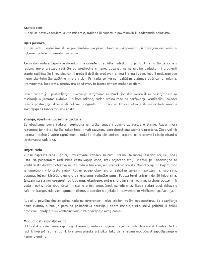 Kratak Opisi Zanimanja | PDF