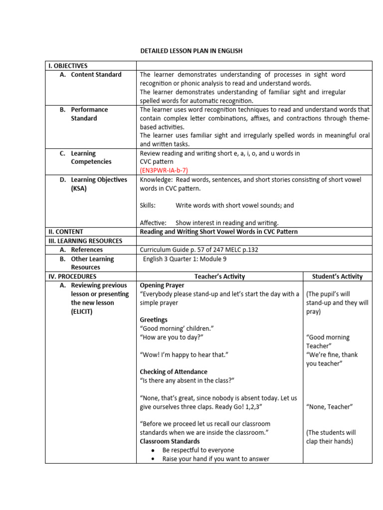 Detailed CVC Lesson Plan for Grades 1-2 | PDF | English Language | Learning