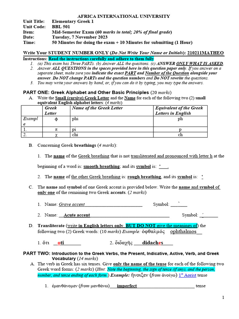 Mid-Semester Exam: Elementary Greek 1 | PDF | Greek Alphabet ...