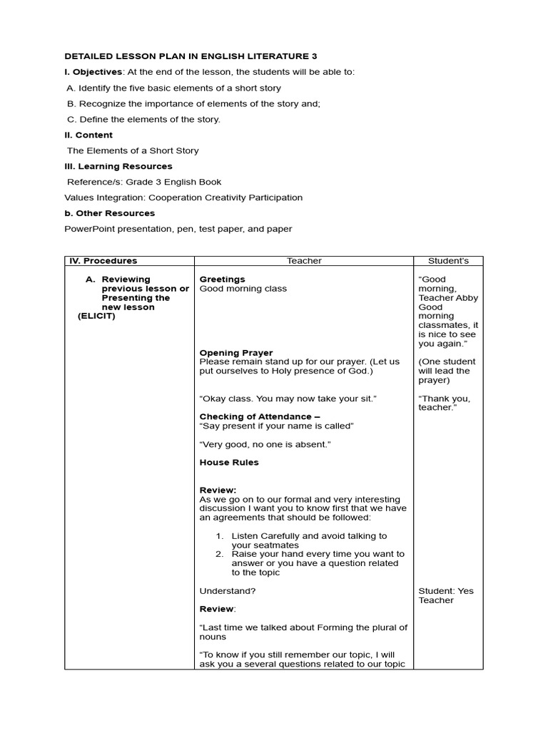 Grade 3 Short Story Elements Lesson Plan | PDF | Plot (Narrative ...