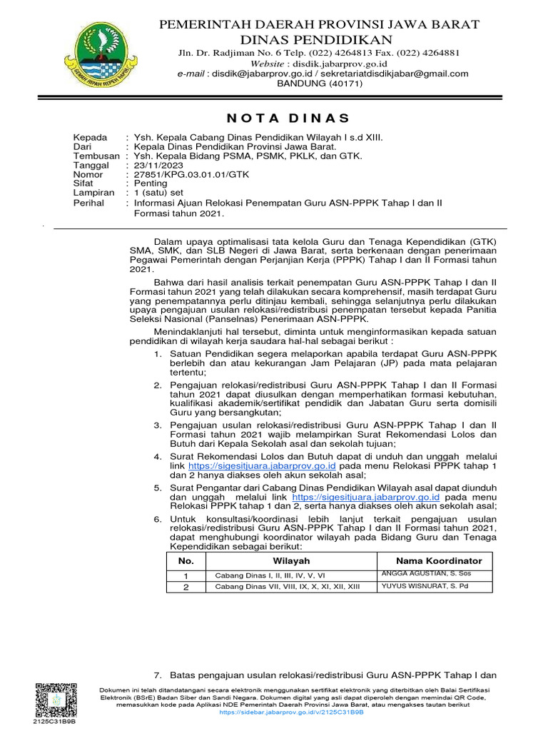 NOTA DINAS Informasi Ajuan Guru ASN-PPPK Tahap I Dan II Formasi Tahun ...