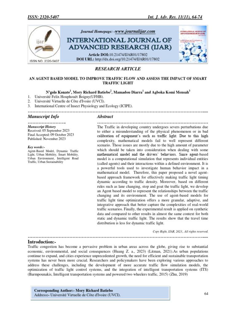 An Agent Based Model To Improve Traffic Flow and Assess The Impact of ...
