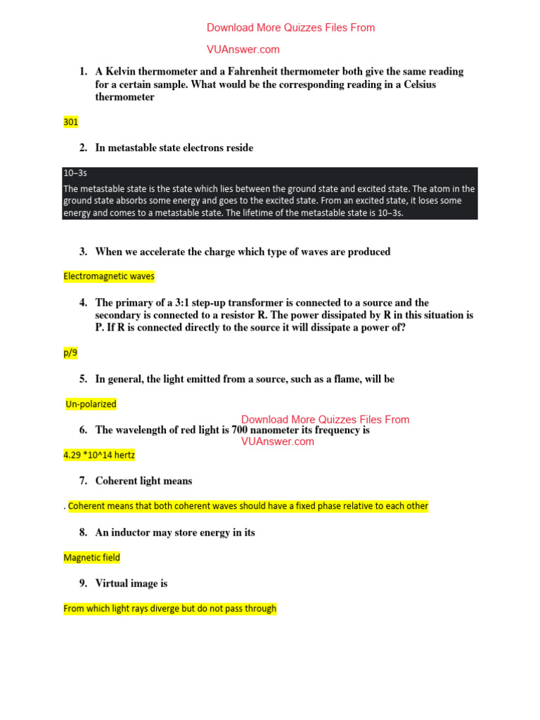 Phy101 Quiz | PDF | Electromagnetic Radiation | Waves