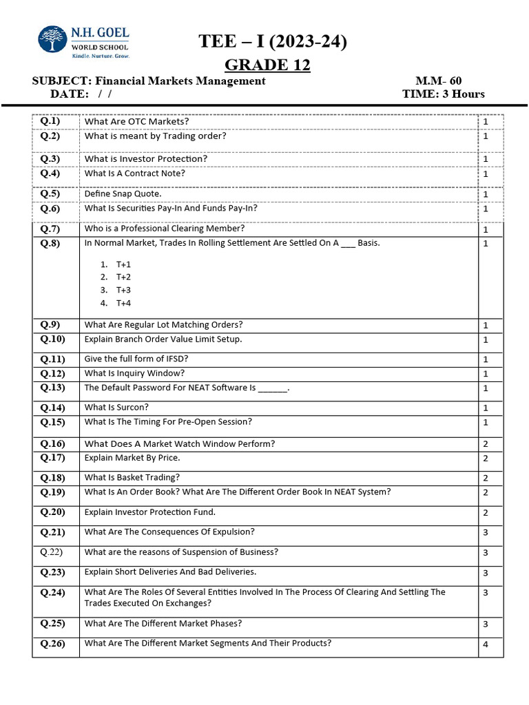 G XII FMM TEE 1 - QP Re Exam | PDF | Money | Market (Economics)