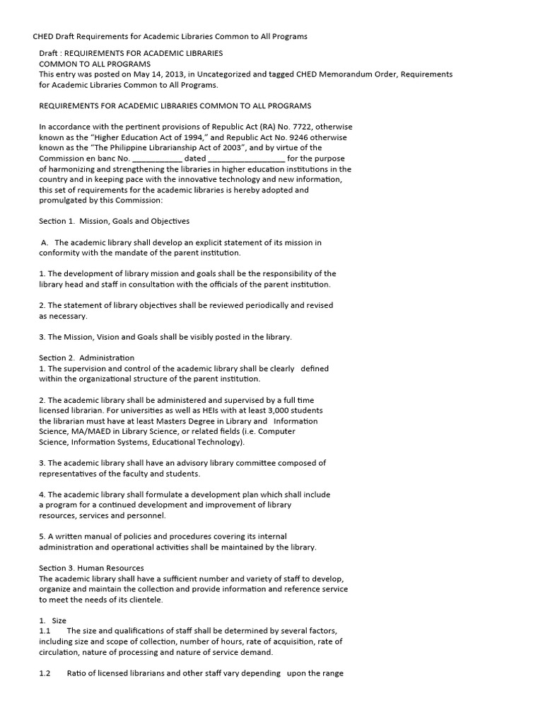 CHED Draft Requirements For Academic Libraries Com | PDF | Libraries ...