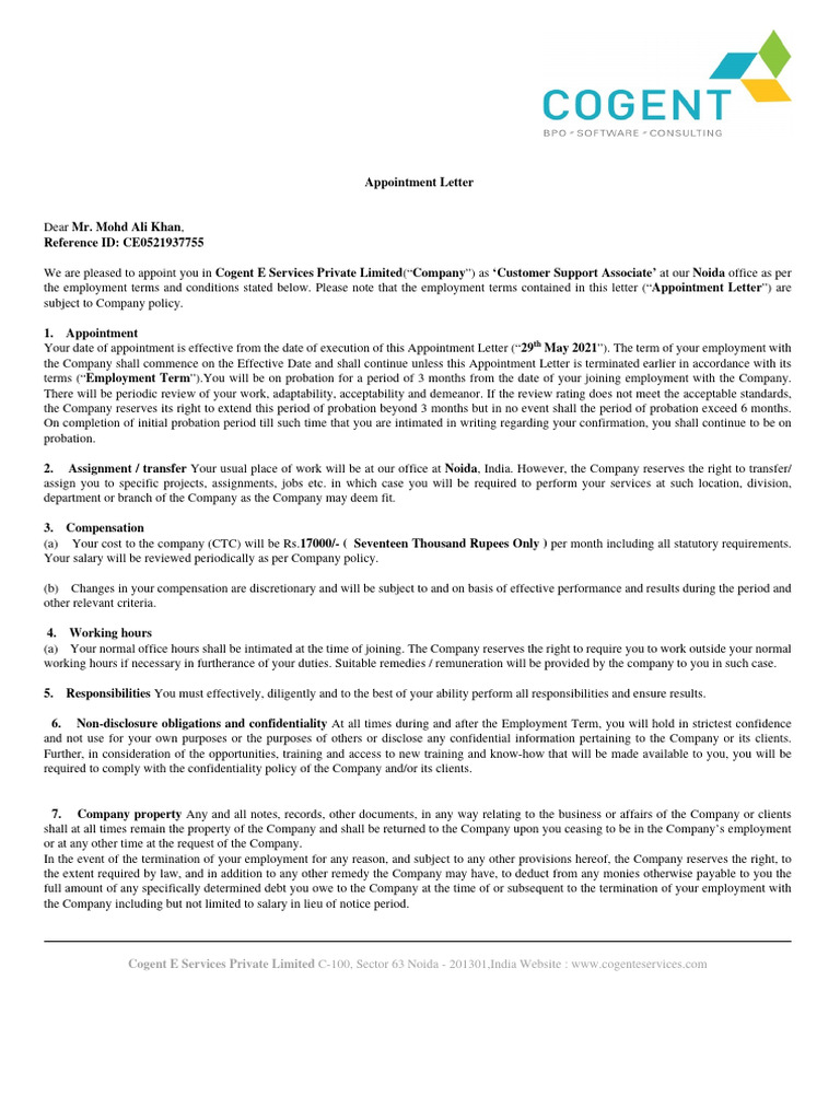Appointment Letter | PDF | Employment | Confidentiality