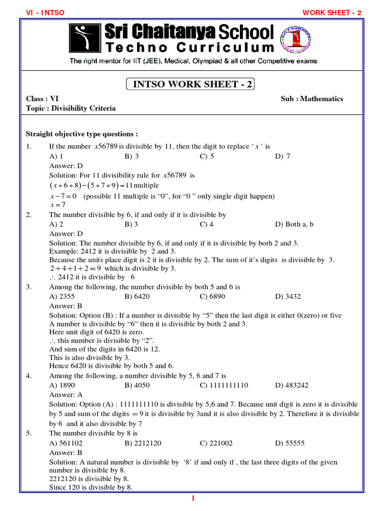 6 - Class INTSO Work Sheet - 2 - Divisibility Criteria | PDF | Numbers ...