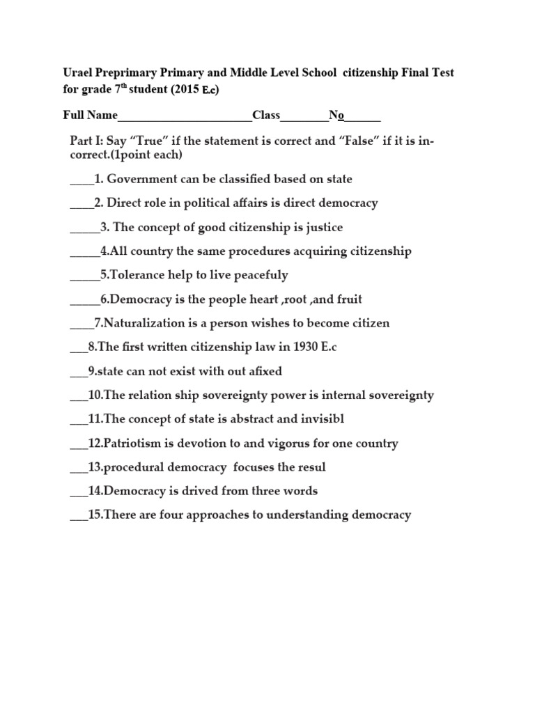 Grade 7 Citizenship Test 2015 | PDF | Politics | Social Science