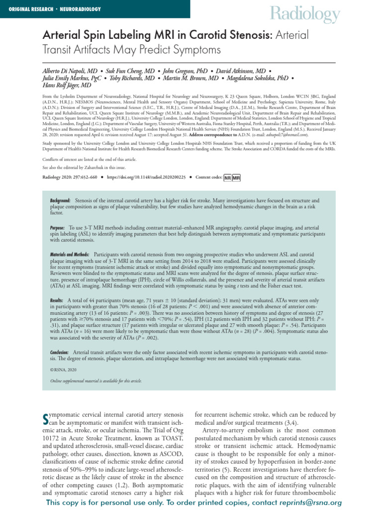 Di Napoli Et Al 2020 Arterial Spin Labeling Mri in Carotid Stenosis ...