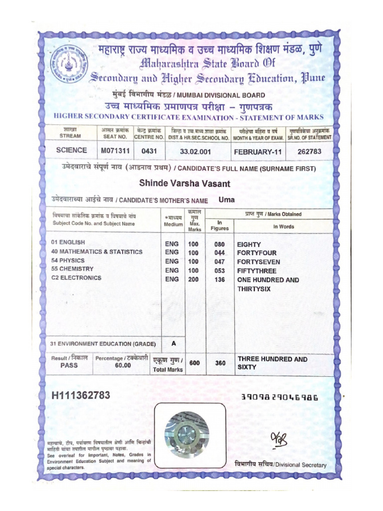 12th Marksheet | PDF