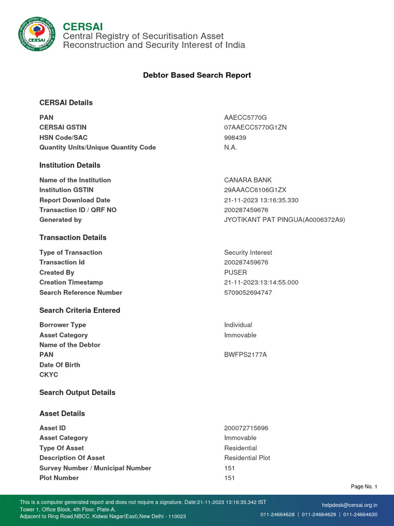 CERSAI Search Report 200287459985 For Debtor Based Search 21 11 2023 13 ...