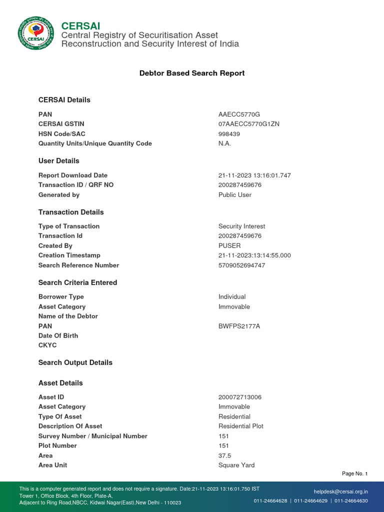 CERSAI Search Report 200287459879 For Debtor Based Search 21 11 2023 13 16 01 735 | PDF ...