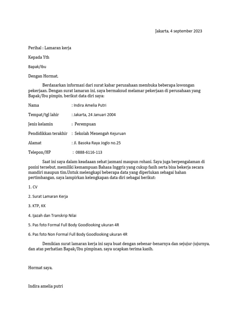 Dok Dari Indira Amelia Putri Surat Lamaran Kerja 2023 | PDF