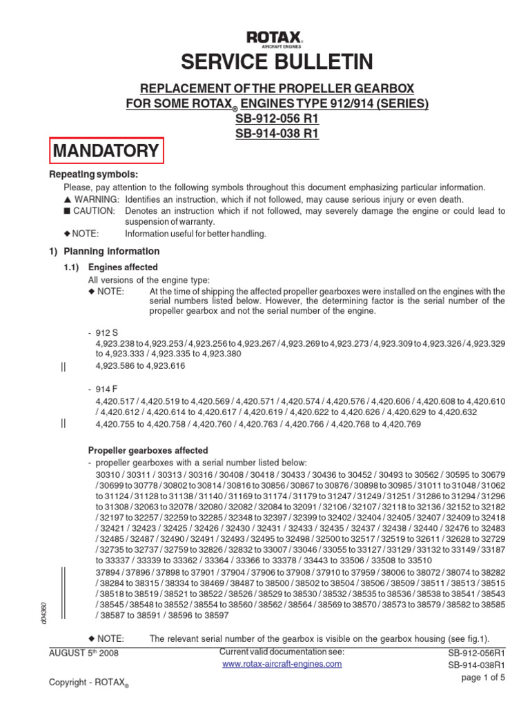 SB-912-056 - Replacement of The Propeller Gearbox For Some Rotax ...