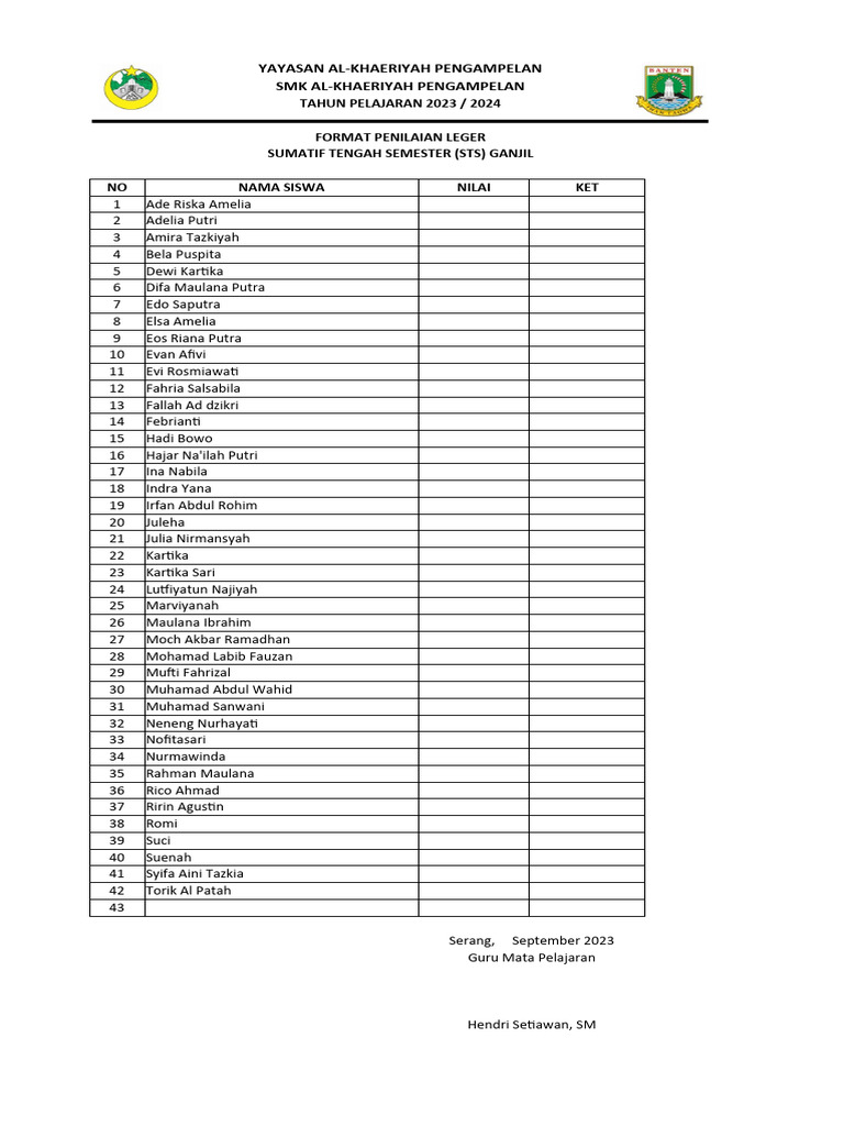 Format Nilai Leger STS Ganjil 2023 | PDF
