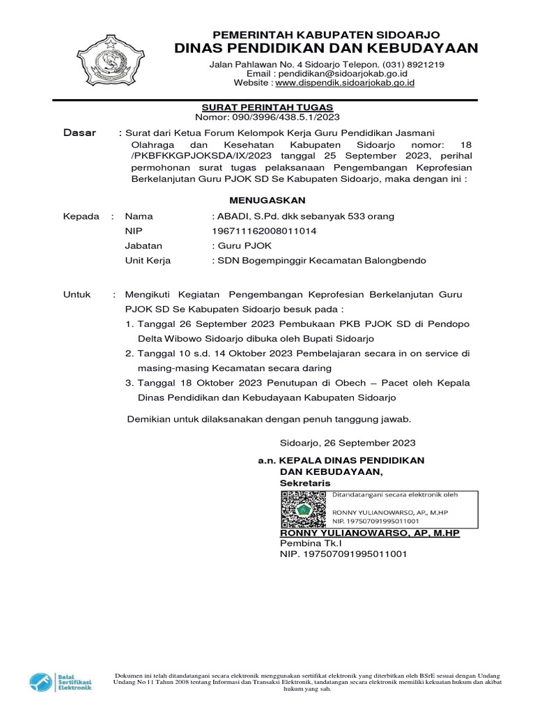 Surat Tugas PKB Pjok SD Kab. Sidoarjo | PDF