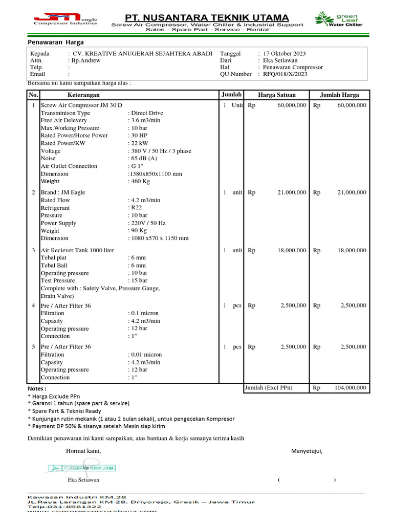 Cv. Kreative Anugerah Sejahtera Abadi (Penawaran Kompresor JM 30 HP Sett) | PDF