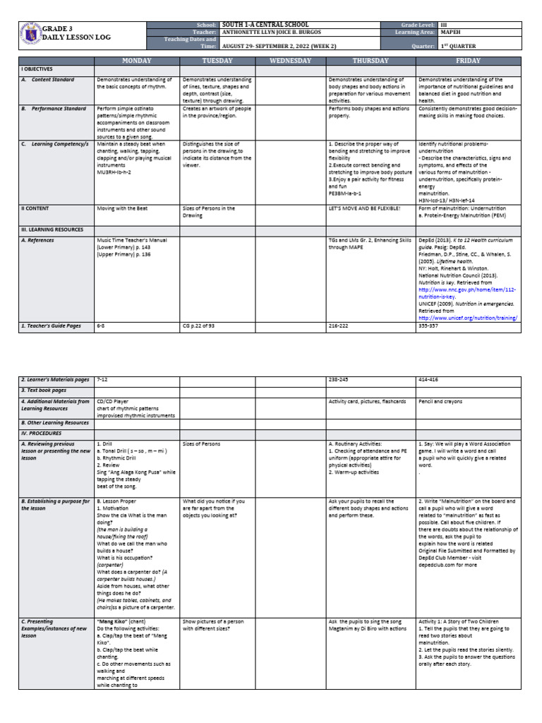 DLL - Mapeh 3 - Q1 - W2 | PDF | Malnutrition | Learning