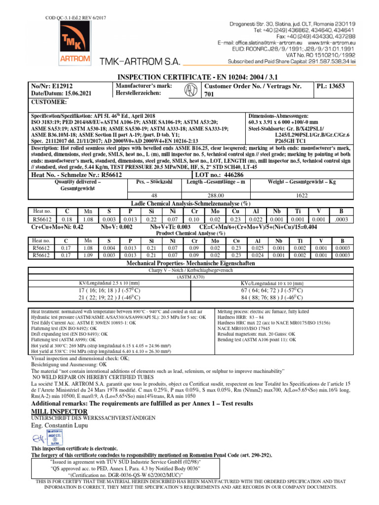 Tubo 2 STD P265 Dual Charpy Ec H. R56612 (13.726) | PDF | Applied And ...