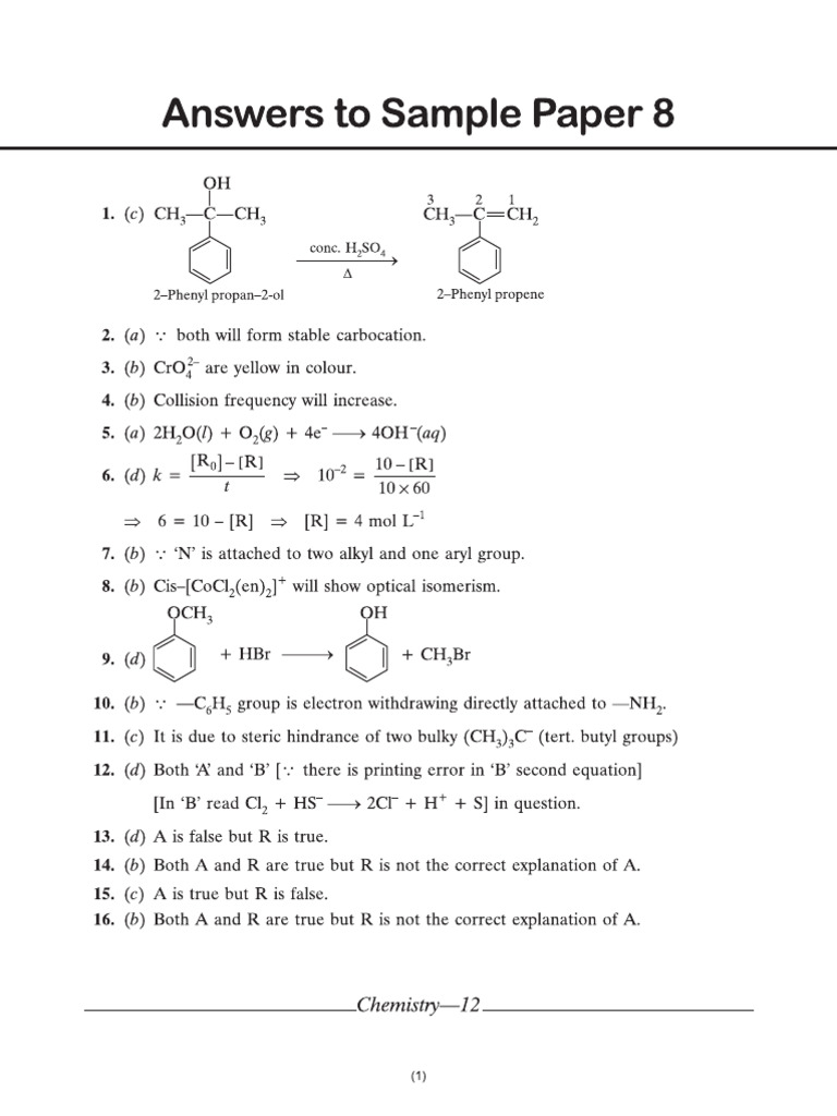 Cbse Cl12 Ead Chemistry Answers To Sample Paper 8 | PDF