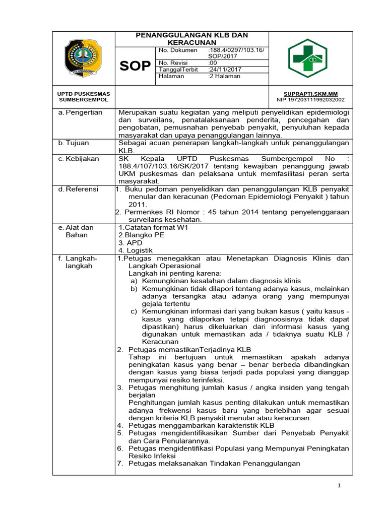 Sop Penanggulangan KLB Dan Keracunan Ok | PDF