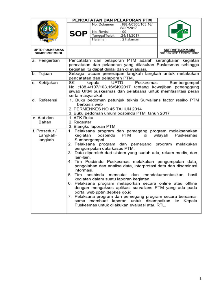 Master Sop Pencatatan Dan Pelaporan PTM Ok | PDF