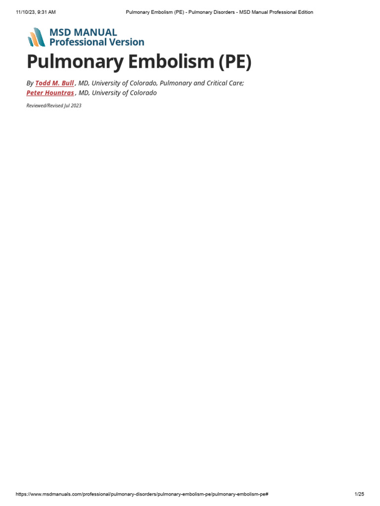 Pulmonary Embolism (PE) - Pulmonary Disorders - MSD Manual Professional ...