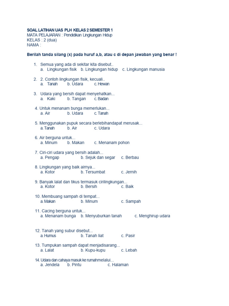 SOAL LATIHAN UTS PLH Kelas 2 | PDF