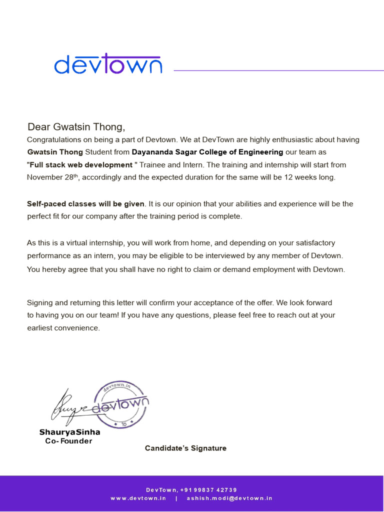 Devtown Internship Offer Confirmation | PDF | Career & Growth | Finance ...