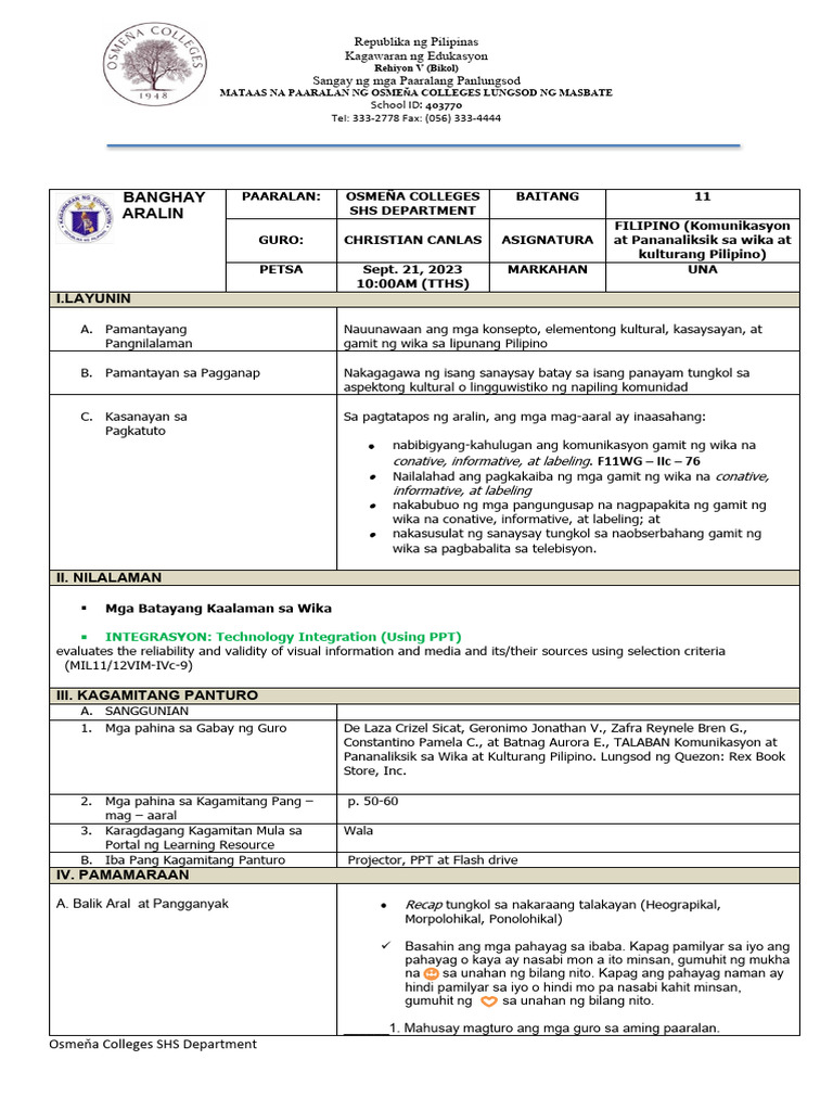 Daily Lesson Plan in Filipino 11 | PDF