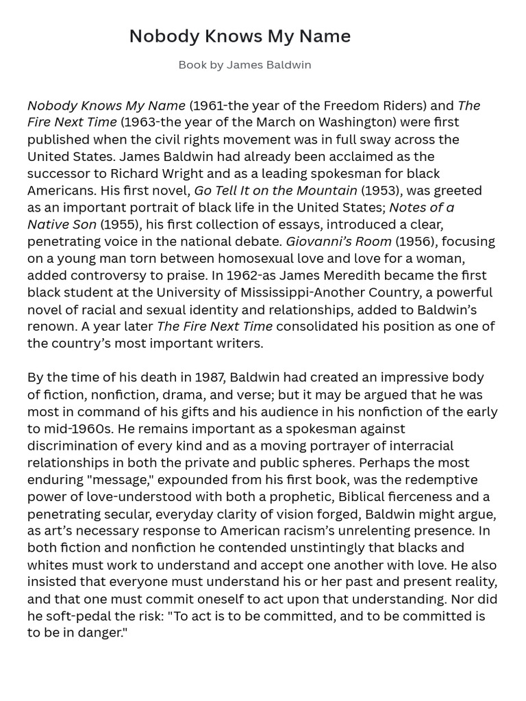 Nobody Knows My Name James Baldwin | PDF