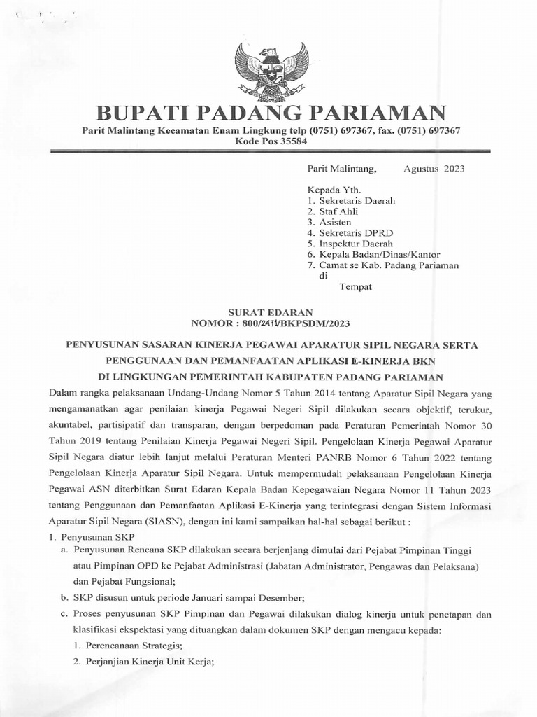 Surat Edaran Penyusunan SKP | PDF
