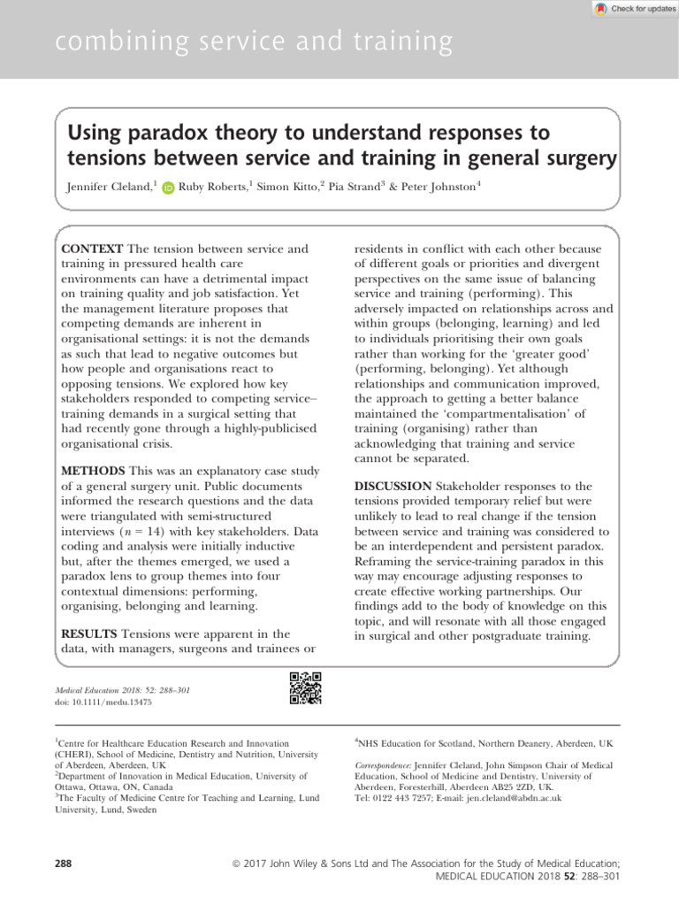 Medical Education - 2017 - Cleland - Using Paradox Theory To Understand Responses To Tensions ...
