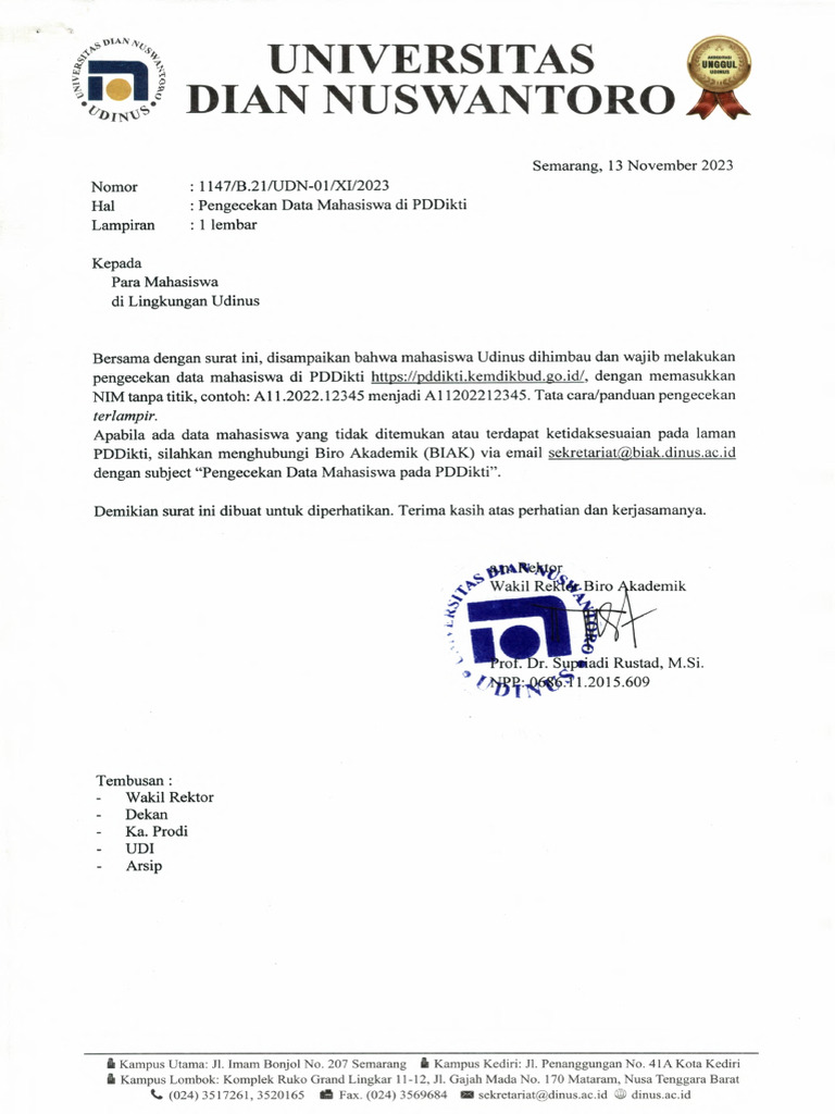 Surat Pemberitahuan Pengecekan Data Mahasiswa Di PDDikti | PDF | Seni