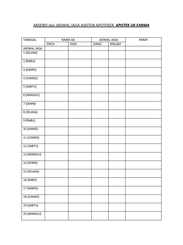 Jadwal Jaga Asisten Apoteker IJK Farma | PDF