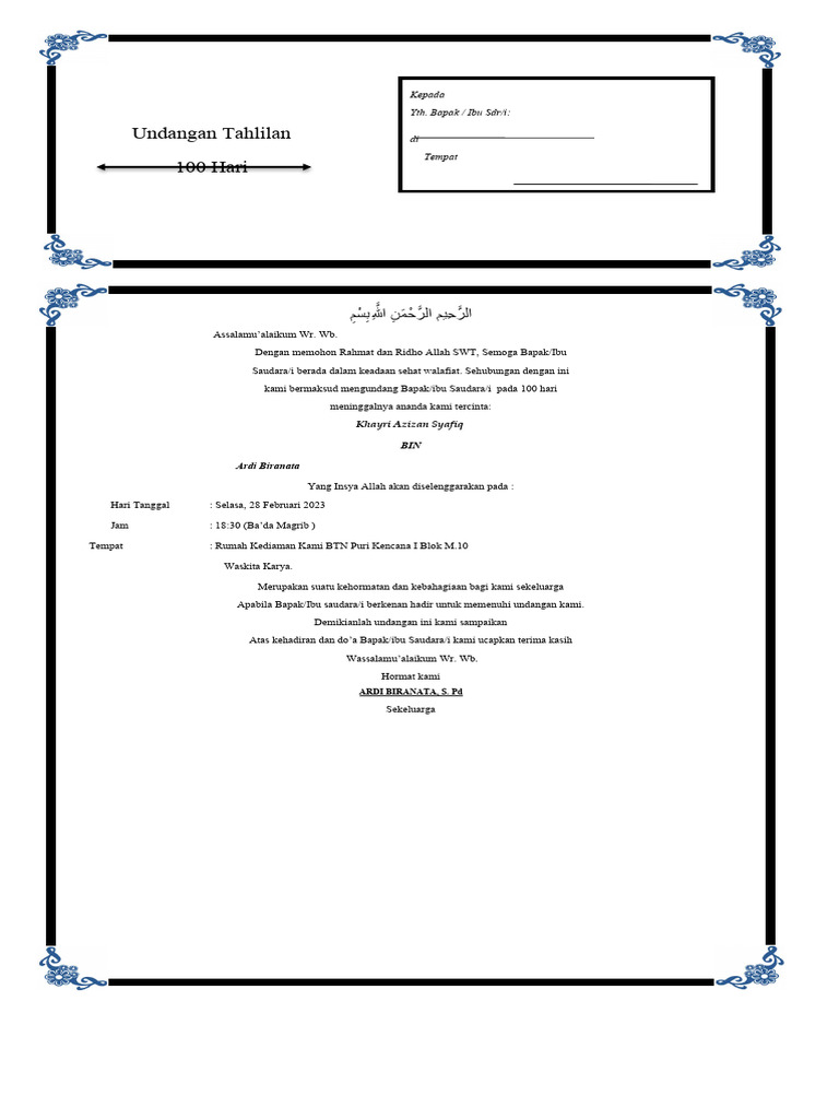 Undangan Tahlilan 100 Hari | PDF