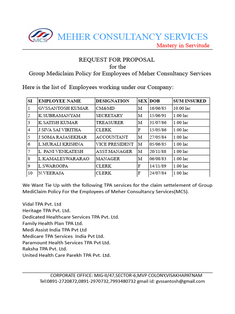 Group Mediclaim RFP for MCS Employees | PDF | Hospital | Medicine