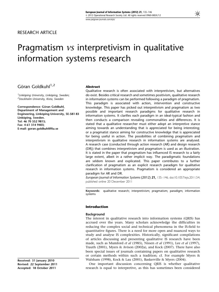GoldKuhl - Pragmatism Vs Interpretivism in Qualitative Research EJIS ...