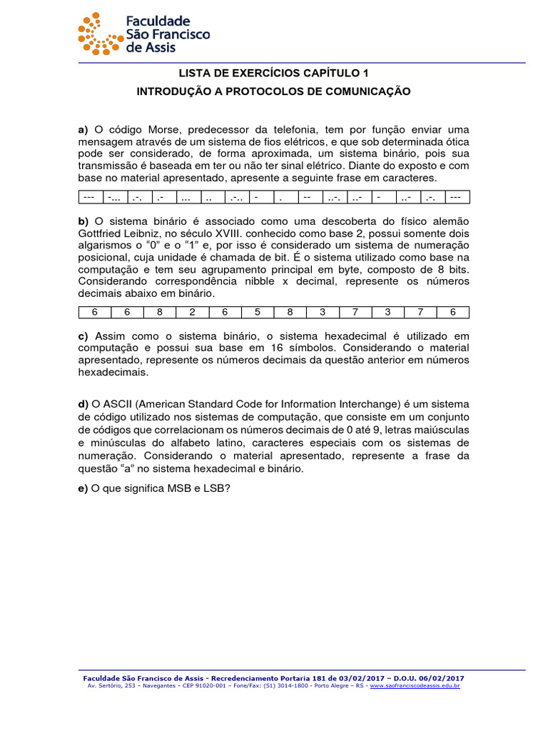 Lista de Exercicios Capitulo 1 - Ebook Redes EtherNet IP Profinet Foundation FieldBus e Rede ASI ...
